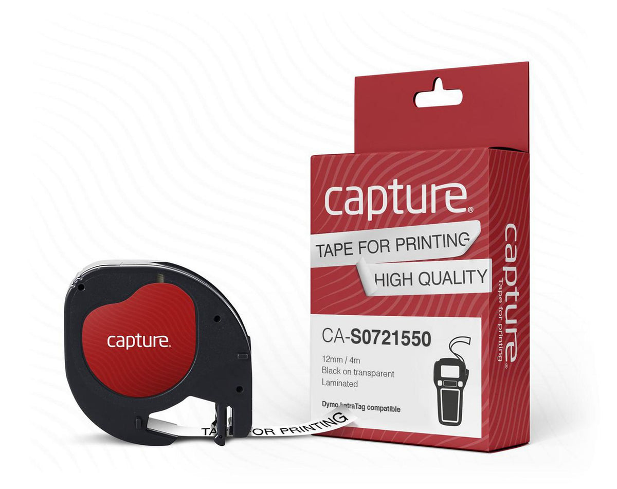 Capture LetraTag Compatible 12mm x 4m Black on Transparent Plastic Tap ...